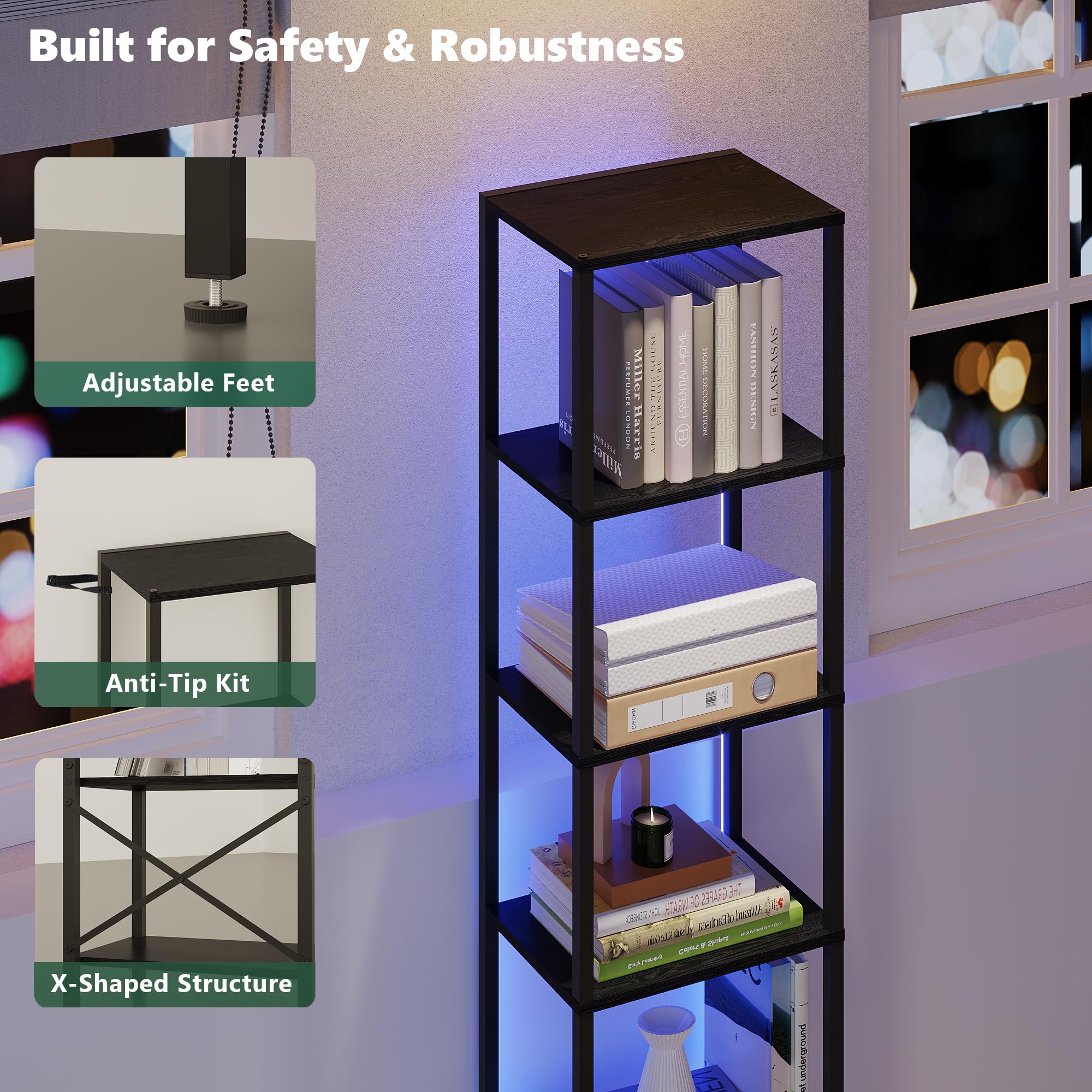 JARHETUN 6-Tier Bookshelf, Tall Narrow Bookcase with LED Lights, Book Shelf with Steel Frame, Display Storage Shelf for Living Room, Bedroom, Home Office, Study, Balcony, Black