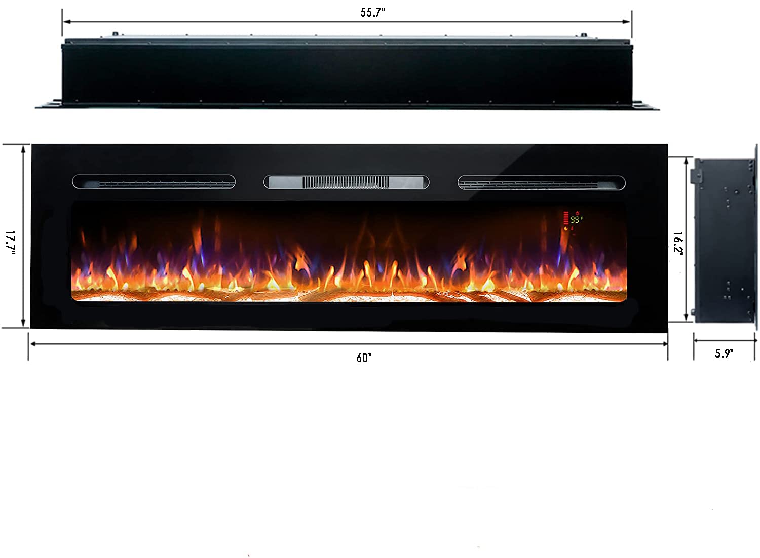 GOOD & GRACIOUS Electric Fireplace,1500W Recessed & Wall Mounted Electrical Fireplace with Bracket, Ultra Thin, Low Noise, Remote Control, Timer, Logset & Crystal, Adjustable Flame Color, Black, 60"
