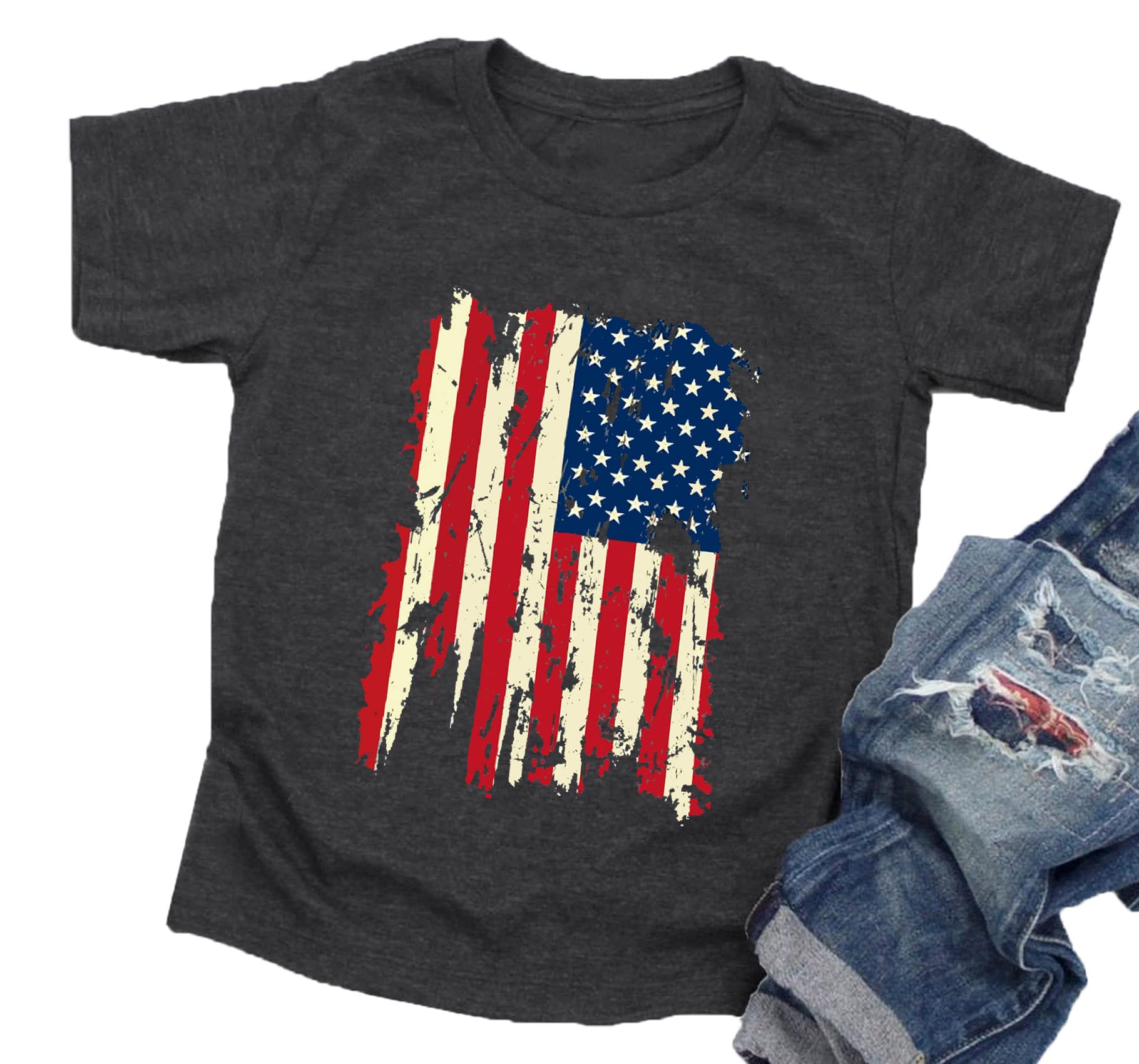 Toddler Girls Boys American Flag T-Shirt Patriotic Shirt USA Flag Stars Stripes Print Tee Tops (Dark Grey,130)