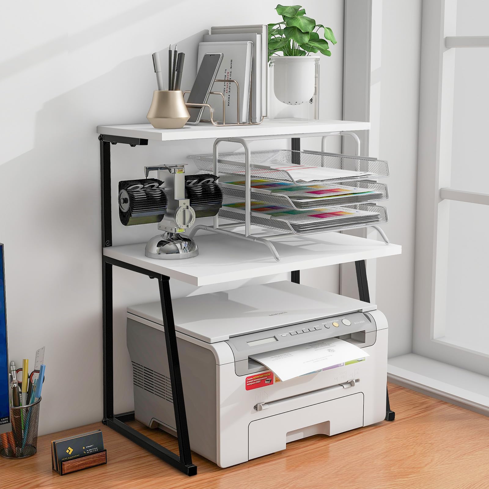 Fumingpal Desktop Printer Stand, 3 Tiers Printer Shelf for Desk, Multi-Purpose Desktop Hutch Perfect for Home Office Living Room Kitchen (White)