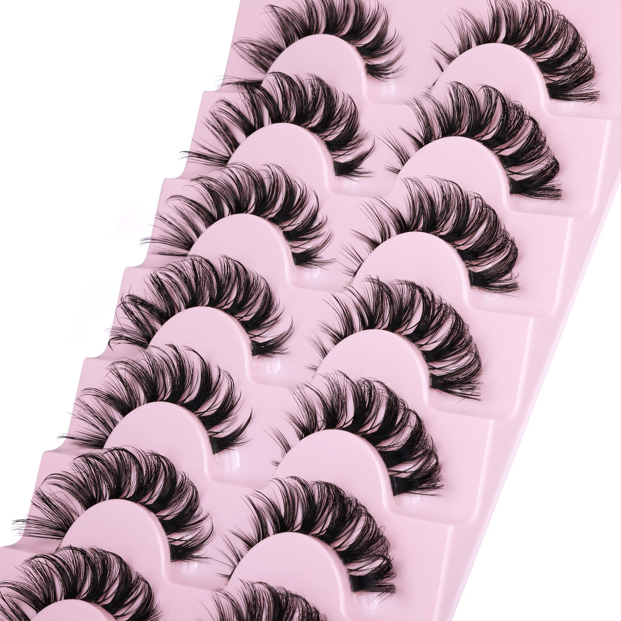 JIMIRE False Eyelashes Natural Clear Band Demi-Wispies Cat Eye Lashes Fluffy CC Curl Strip Faux Mink Eyelashes Natural Look Like Eyelash Extensions 15MM Soft Lashes 7 Pairs Pack