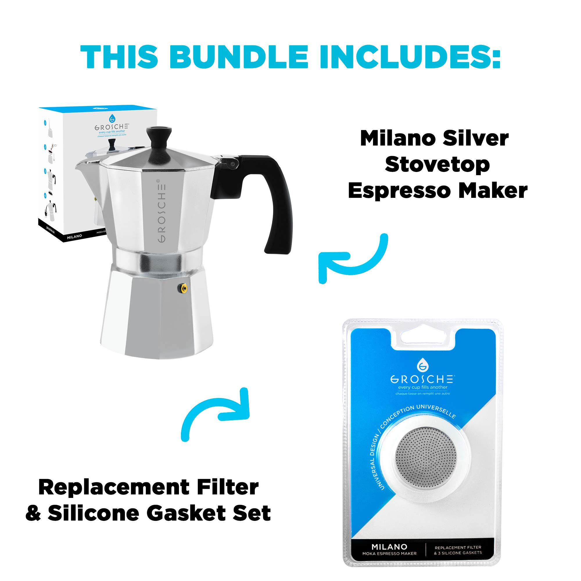 GROSCHE Milano Stovetop Espresso Maker Moka pot 3 espresso Cup - 5 oz, Silver and 3 Replacement Seals Gaskets Bundle Stove top coffee maker Moka Italian espresso coffee maker and replacement gaskets