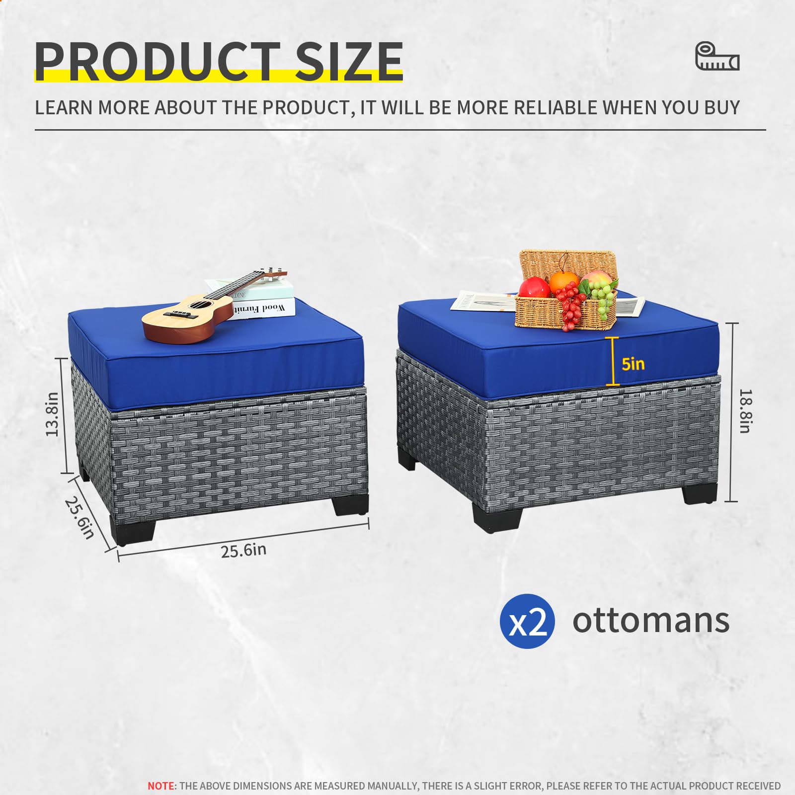Lviden 2 Piece Outdoor Patio Ottomans, All Weather Grey Wicker Footstool Footrest, Additional Seating Furniture with 5" Thick Cushions (Royal Blue)