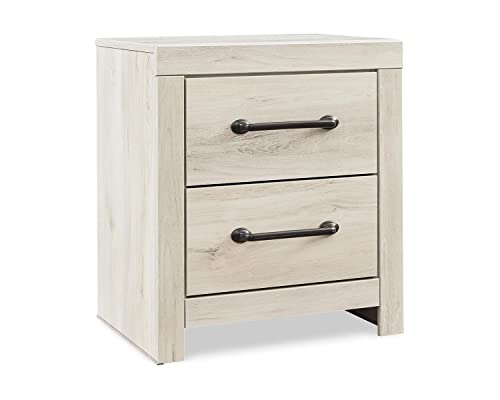 Signature Design by Ashley Cambeck Farmhouse Industrial 2 Drawer Two Drawer Nightstand with 2 Slim-Profile USB Charging Stations, Whitewash