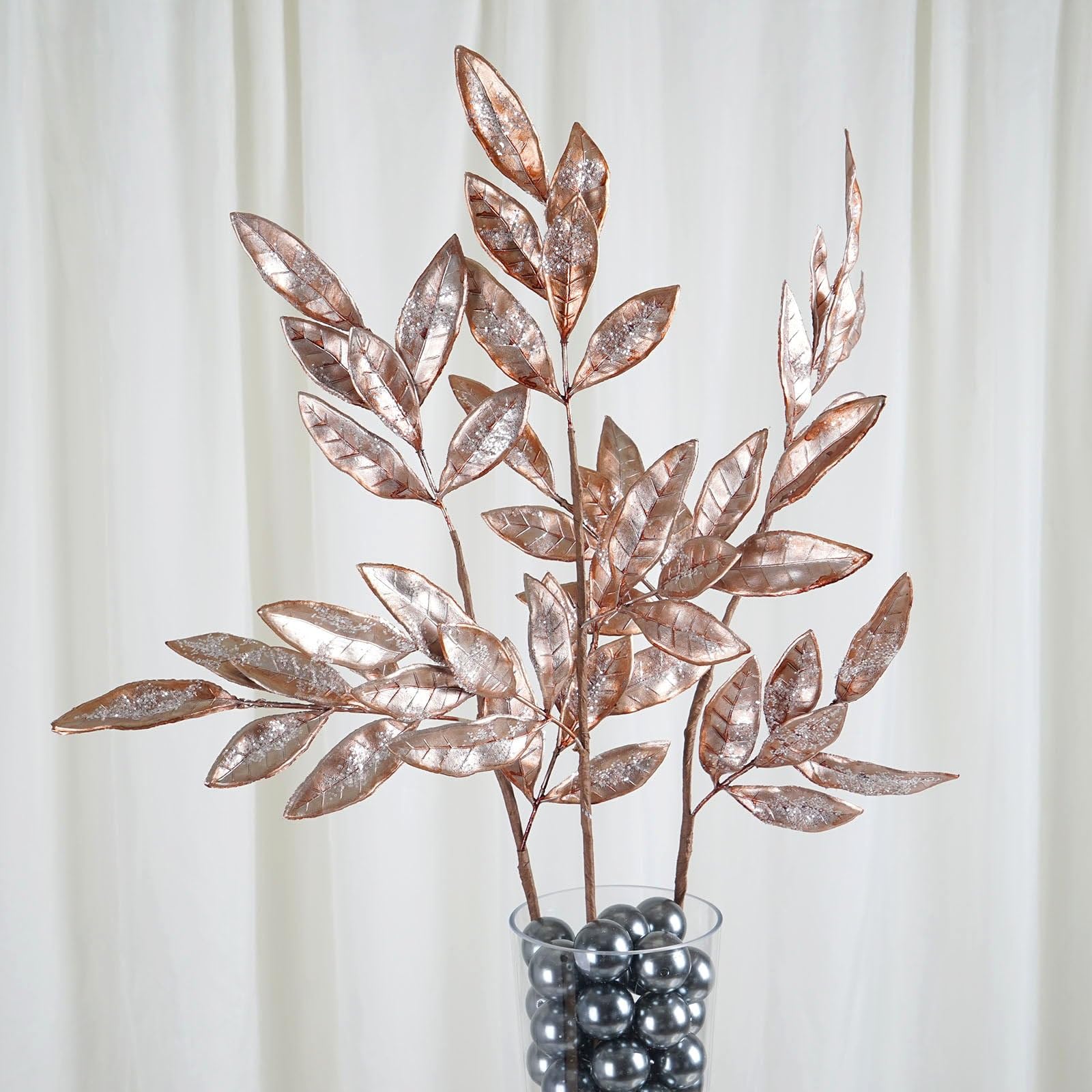 Efavormart 2 Pack | 28" Rose Gold Artificial Glittered Bay Leaf Display Filler Floral Decoration for Wedding Bouquets
