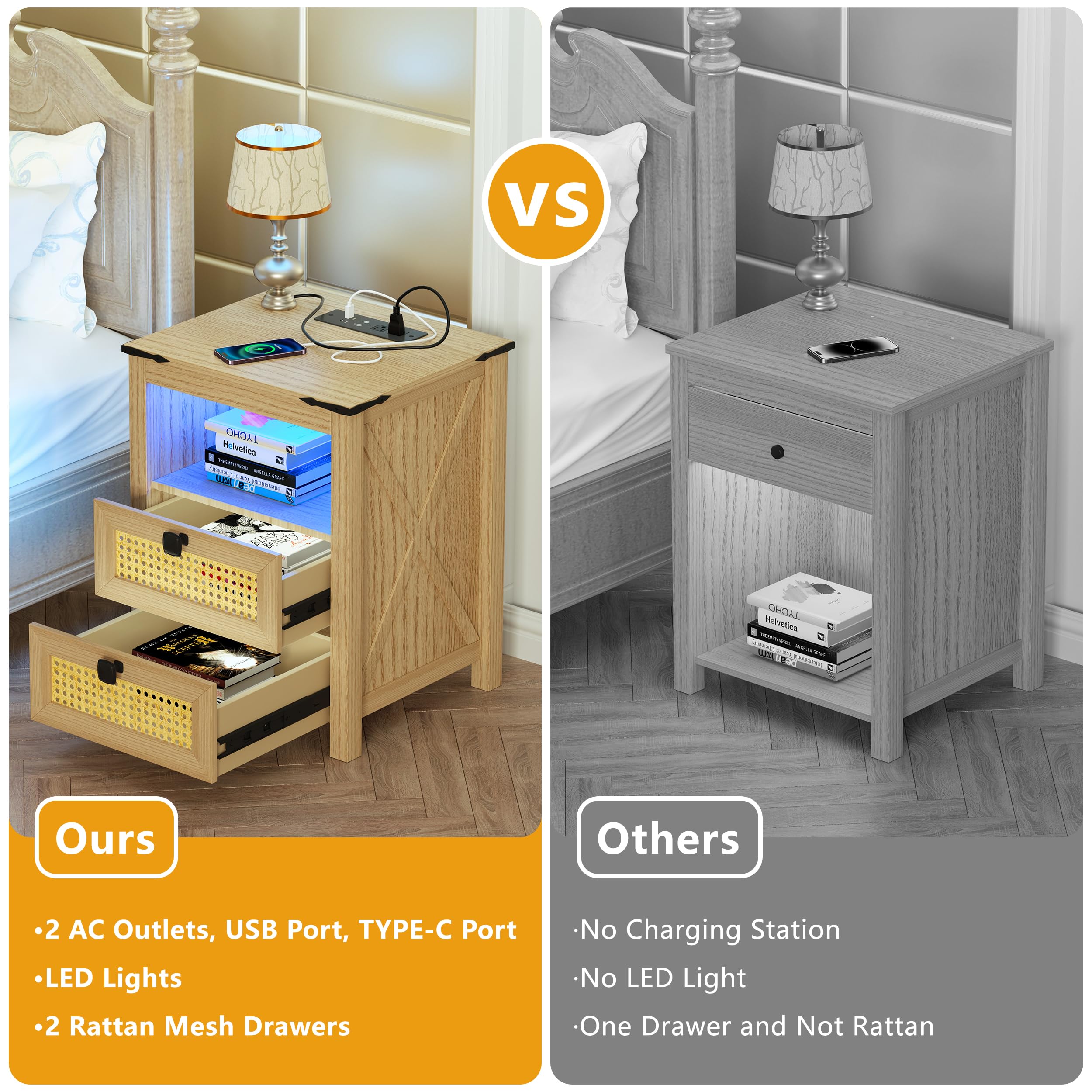Night Stand with Charging Station, LED Nightstand with Rattan Drawers, Modern Side End Table with Human Sensor Light, Bedside Table for Bed Room Night Stand, Natural Wood (1PCS)