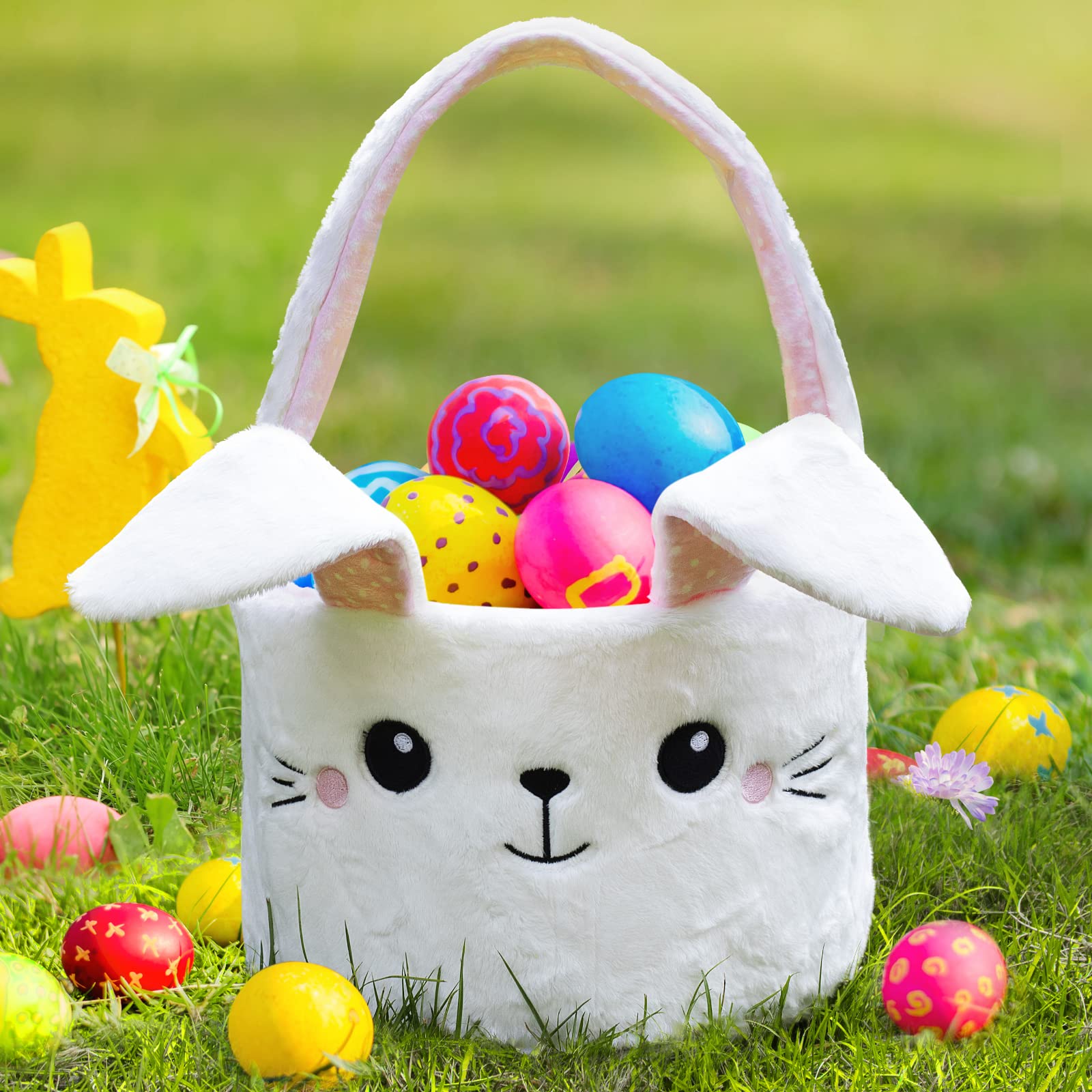 KMUYSL Plush Easter Bunny Basket for Kids, Large Bunny Easter Basket for Boys Girls, Empty Easter Egg Hunting Bucket with Handles, Cute Easter Decoration Bags, Easter Toys Gift for Kids