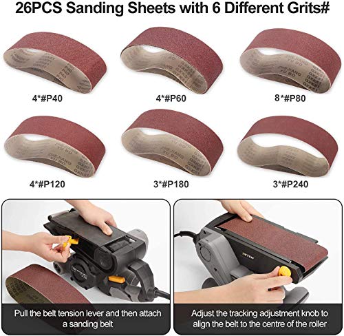 Jellas 26PCS 3 x 21-Inch Aluminum Oxide Sanding Belts, 40/60/80/120/180/240 Assorted Grits Abrasive Belts for Belt Sander