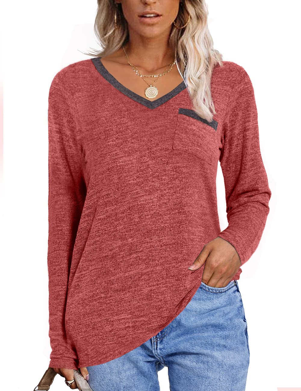Grace's Secret Womens Sweaters Lightweight Soft Warm Sweatshirt Long Sleeve V Neck Shirts with Pockets,Red,M