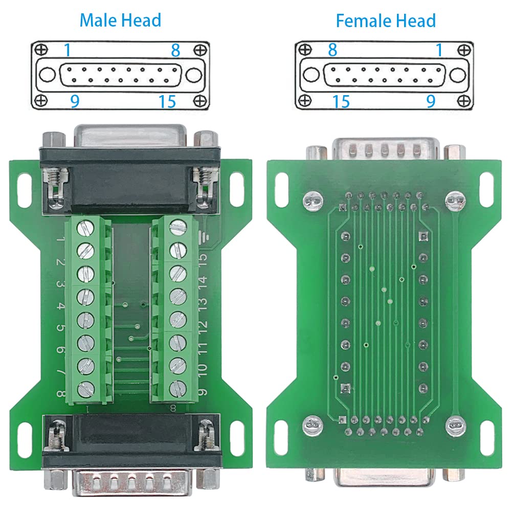 Jienk DB15 Male to Female Terminal Breakout Board, RS232 D-SUB Serial to 15pin Port Terminal Block Gender Changer Connector