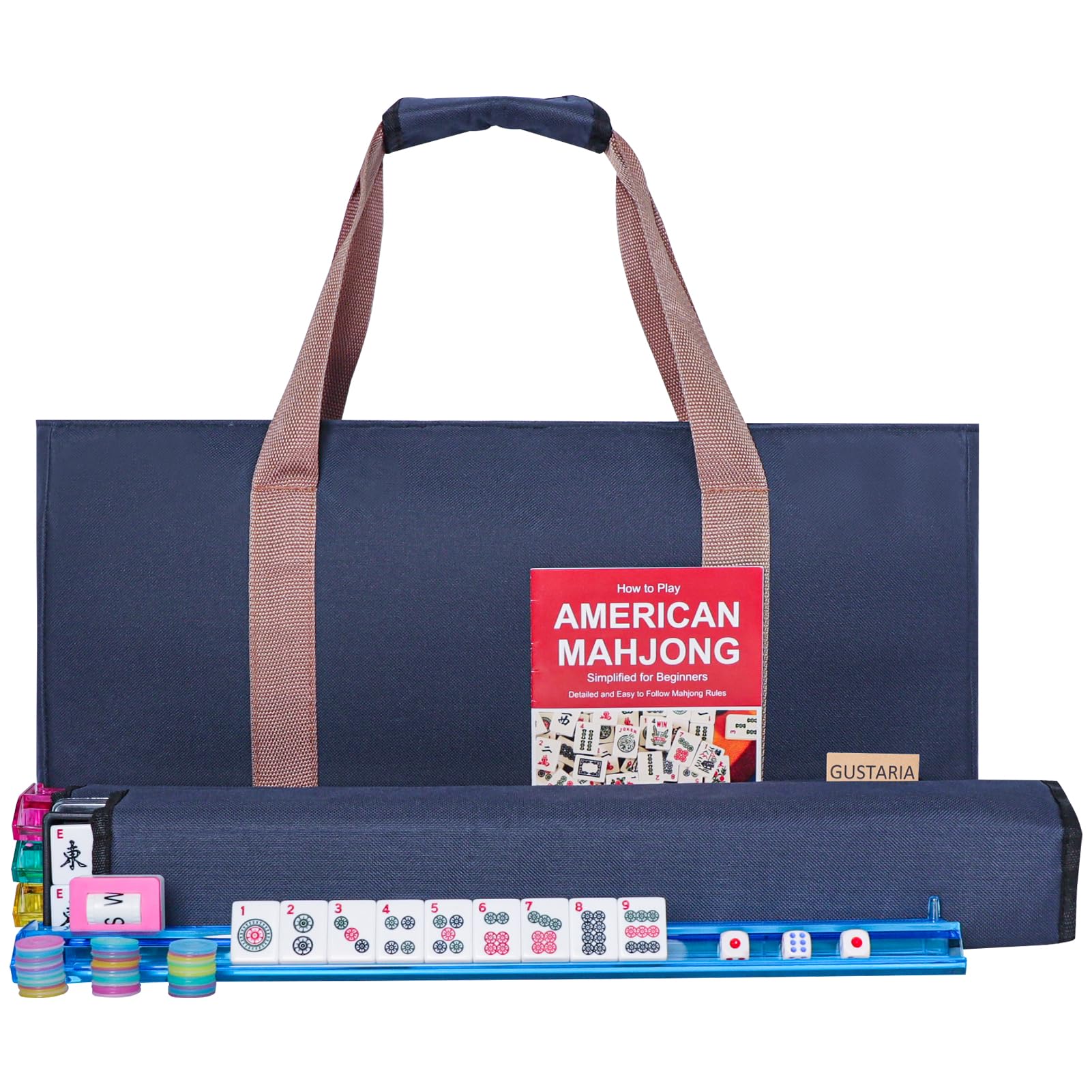 GUSTARIA American Mahjong Tile Set, 166 Premium White Tiles, 4 All-in-One Color Rack/Pushers, Complete Mahjongg Game Set Red Carrying Bag