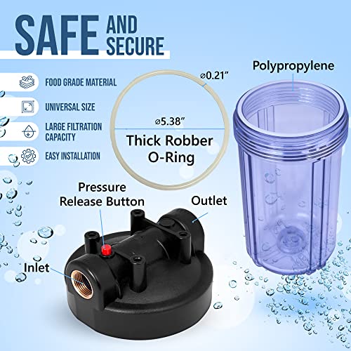 High Capacity 10 x 4.5-Inches Transparent Whole House Water Filter Purifier System with Presser Relief Button, 1β Inlet/Outlet Brass Port & Yearly Supply (4) Polypropylene Sediment Cartridges 5 Micron