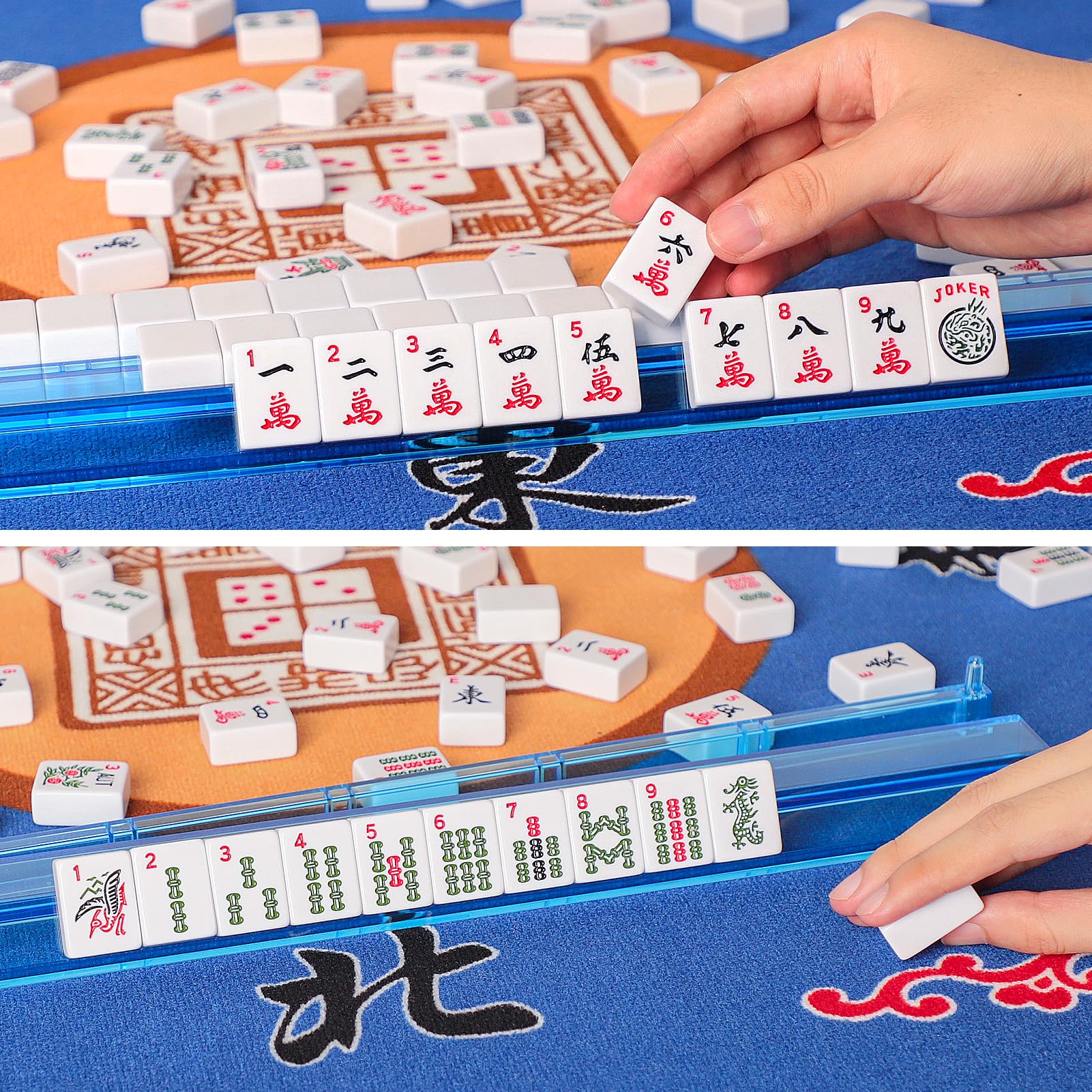 GUSTARIA American Mahjong Game Set, 166 Premium White Tiles, 4 All-in-One Color Rack/Pushers, Complete Mahjongg Set Blue Carrying Bag