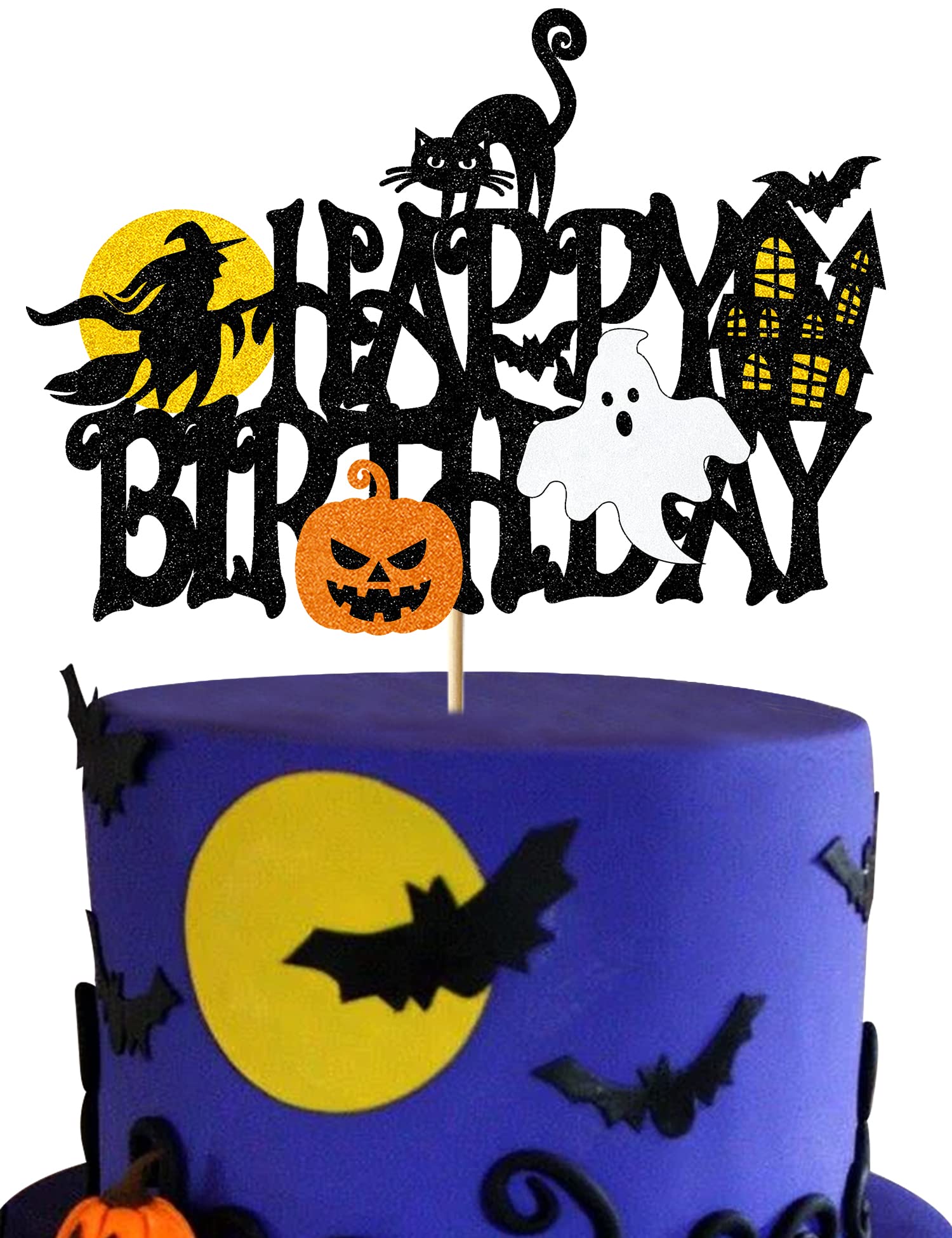 Halloween Cake Topper Glitter Halloween Birthday Cake Toppers Decorations for Boys Girls Spooky Cat Witch Ghost Castle Pumpkin Halloween Happy Birthday Party Decoration Supplies