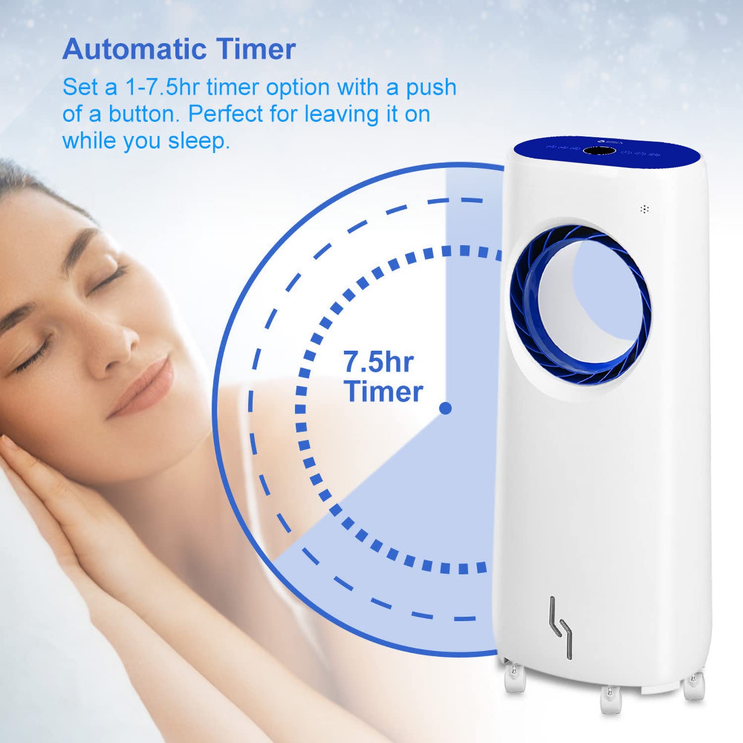 Evaporative Portable Air Cooling Bladeless Fan With 3 Speeds, Low Noise, Tower Design, Timer Options And Wireless Remote
