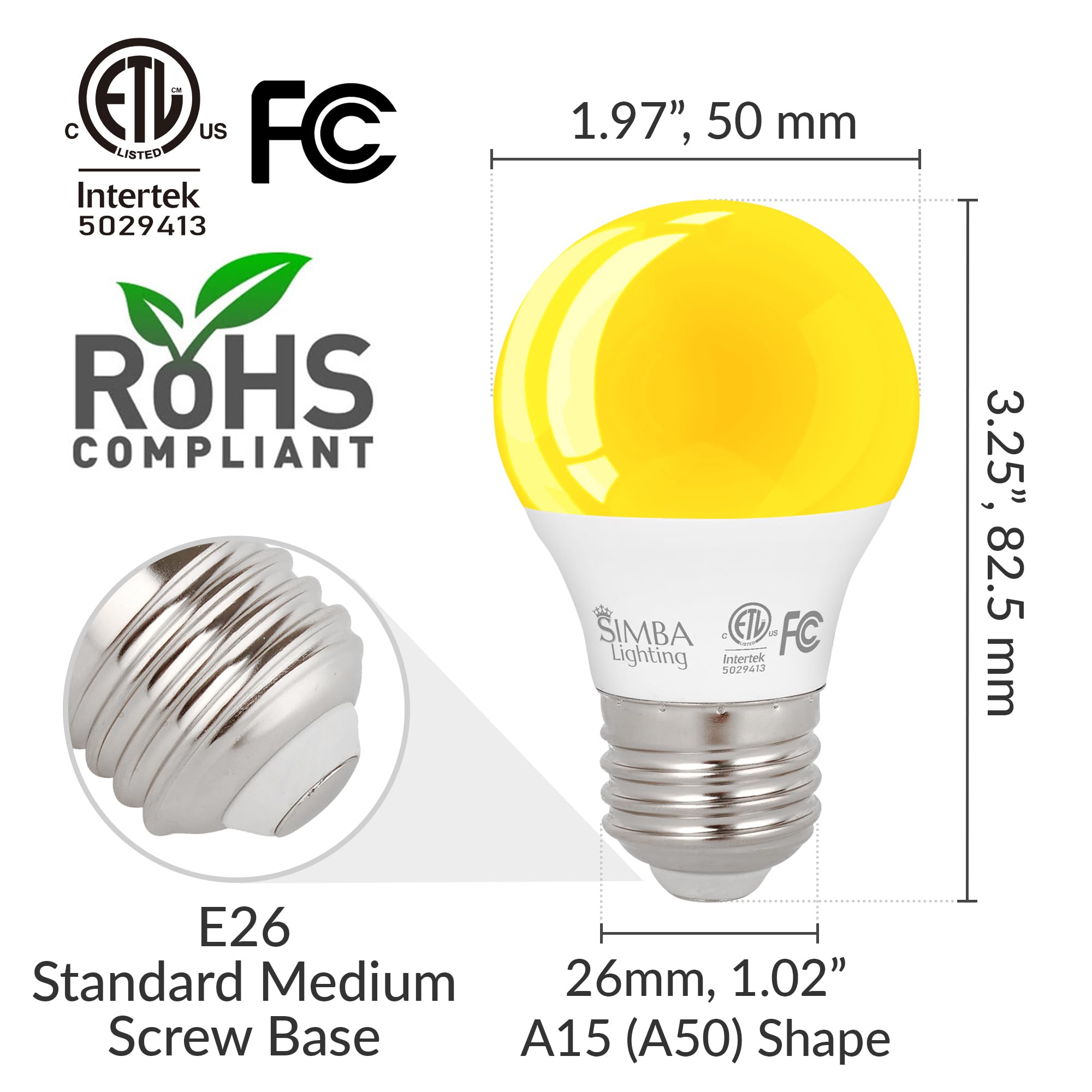 Simba Lighting LED Bug Non-Attracting Yellow Bulb 5W 40W Equivalent (4 Pack), Great for Outdoor Porch Light, Patio, Security, Night Light, Amber Warm Light, Compact A15 Shape E26 Medium Base