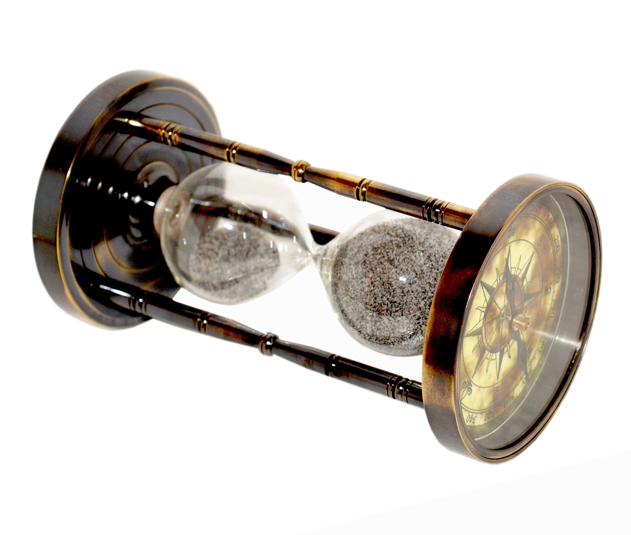 Hassanhandicrafts Antique Brass & Glass Black Sand Timer Hourglass Nautical Maritime SandTimer Compass on Both Side CompassCollectible, Shelf Desk Decor