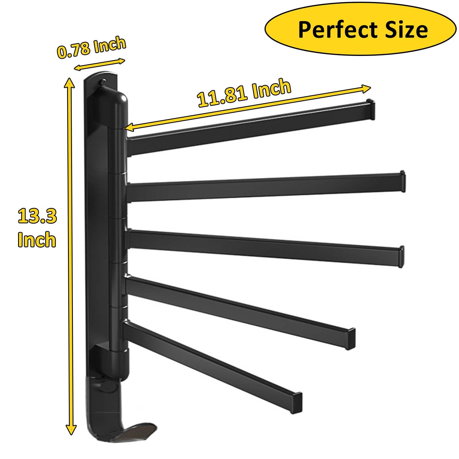 Little World Swivel Towel Rack, 5-Arm Towel Holder Wall Mounted Towel Racks for Bathroom, Aluminum Towel Bar Black Space Saving with Hook Bathroom Towel Holder