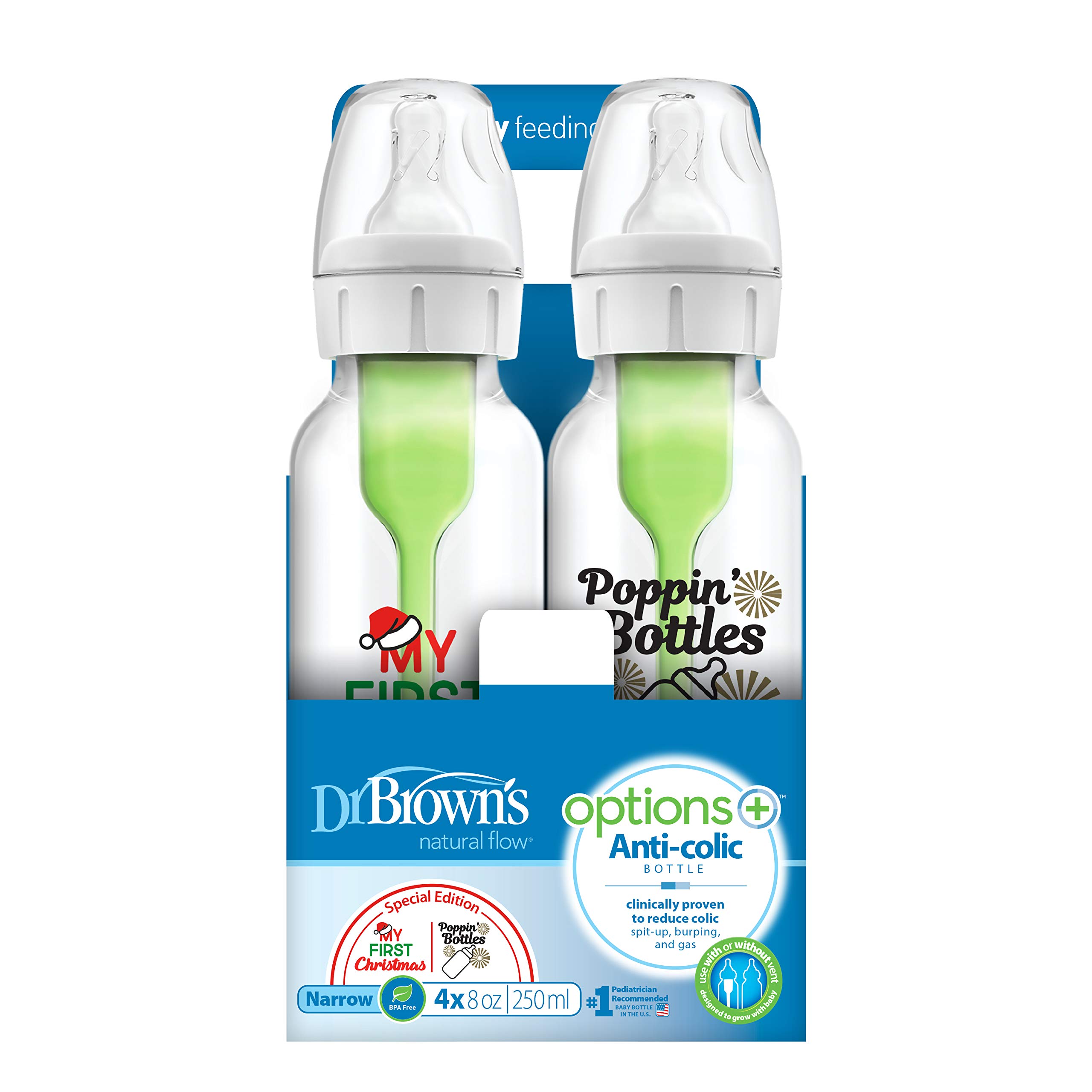 Dr. Brown’s Natural Flow® Anti-Colic Options+™ Narrow Baby Bottles 8 oz/250 mL, with Level 1 Slow Flow Nipple, 4 Pack, 0m+ Holiday Gift Set