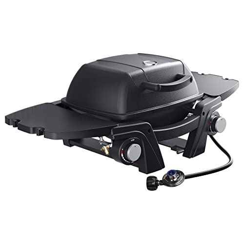 Portable Propane Gas Grill, 2-Burner Portable Gas Grill Small Tabletop Gas Grill, 24000BTU BBQ Outdoor Griddle Gas Grill with Removable Side Tables, Thermometer, Regulator, Gas Hose, Black