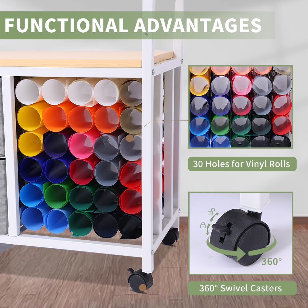 Organization and Storage Cart Compatible with Cricut Machines,Rolling Craft Storage Removable Vinyl Holders and Drawer, Crafting Desk with Storage for Craft Room