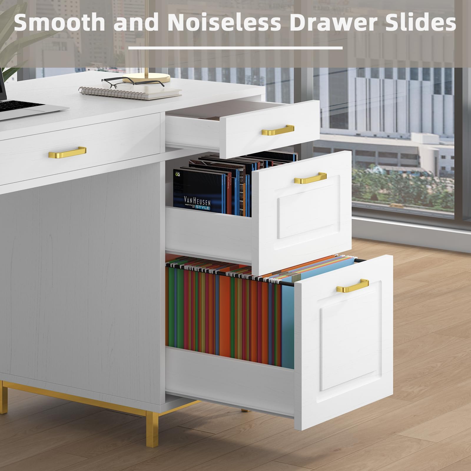 MaverickFurni 57β Executive Desk with 7 Drawers, White Office Desk with Storage Cabinet, File Drawer, Computer Desk for Home Office, Wood Writing Desk, White & Gold