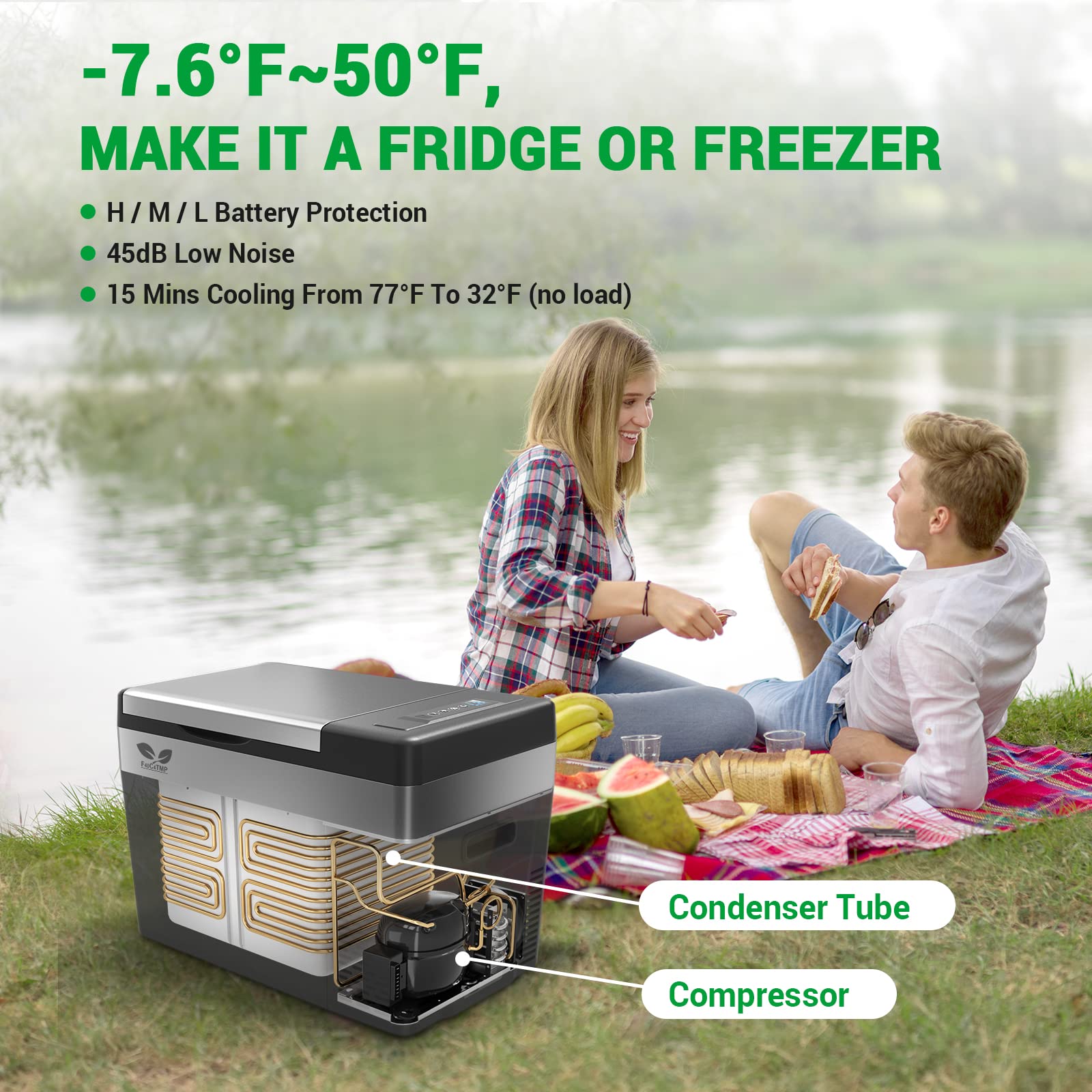 F40C4TMP Portable Refrigerator, 30 Quart (28L) 12 Volt Freezer, (-7.6℉~50℉) Compressor Fridge For Car with 12/24V DC & 110V AC, Suitable For Van, Truck, Vehicles, RV, Road Trip, Camping, Outdoor, Home