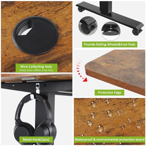 farexon Electric Standing Desk Adjustable Height, 48x 24 Inches Sit Stand Up Computer Desk with Double Metal Hook,4 Memory Preset Heights, 27''-45'' Lifting Range for Home/Office,Vintage Brown