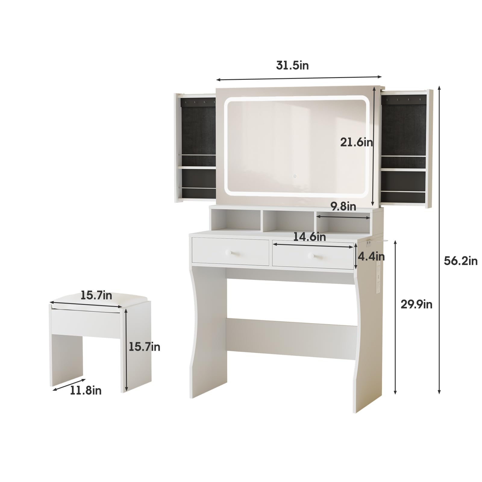 Makeup Desk with Mirror and Lights, White Dressing with Charging Station & Chair, Vanity Desk with Sliding Jewelry Storage Shelves&3 Lighting Modes, Vanity with 2 Large Drawers,Vanity for Women&Girls