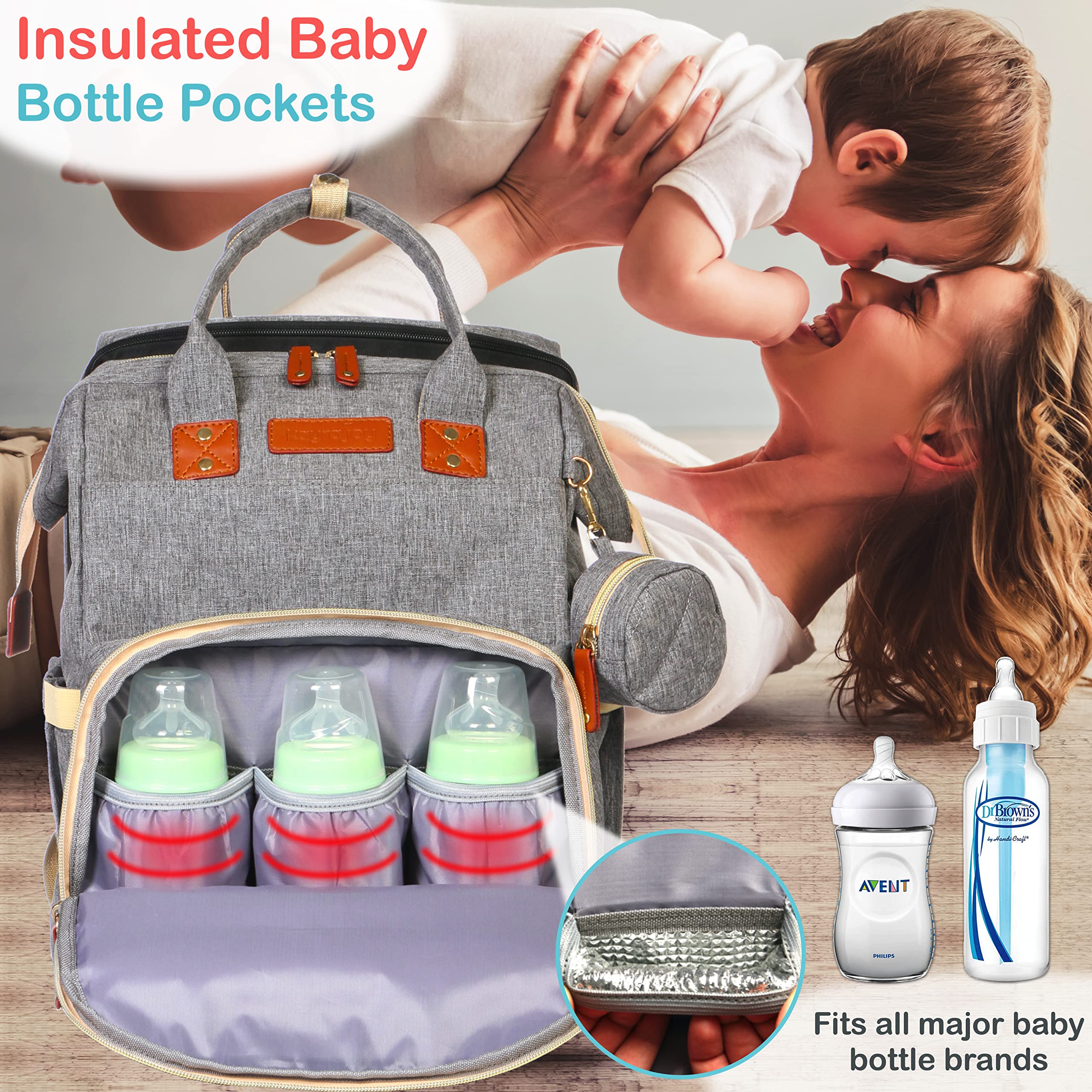 Kayra Joy Extra Large Diaper Bag Backpack For 2 Kids - 38 L Baby Diaper Bag with Changing Pad, Charging Port, Insulated Pockets, Pacifier Pouch, Waterproof, Unisex Grey