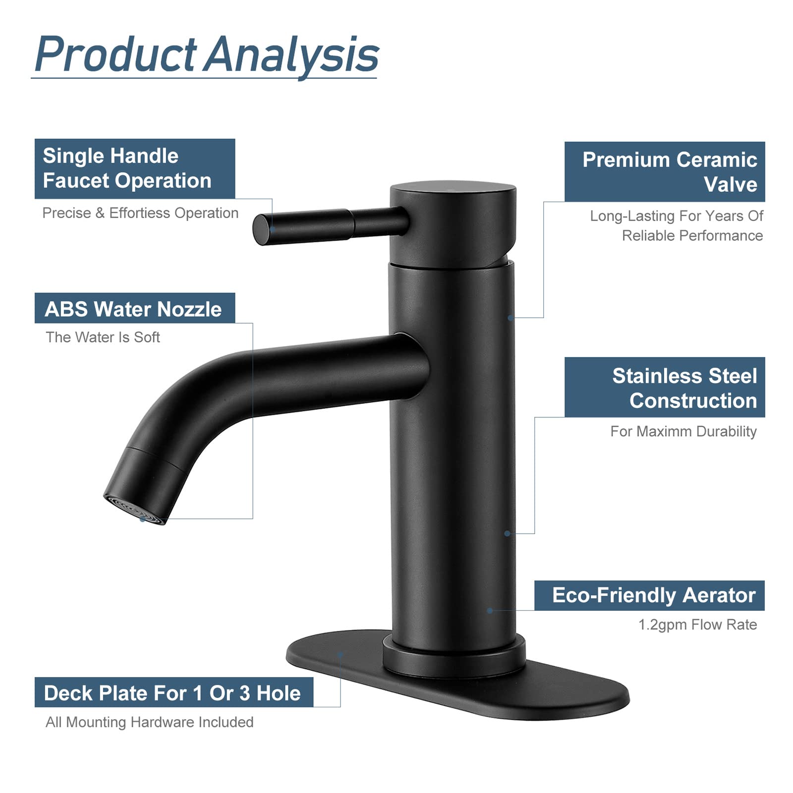 GENBONS Black Bathroom Faucet Single Hole RV Bathroom Faucet Stainless Steel Bathroom Sink Faucet 1 Hole with 3 Hole Deck Plate,Water Supply Lines with cUPC Certification