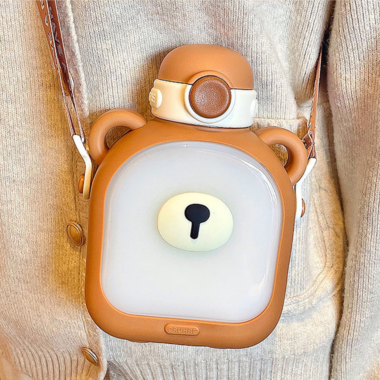 FEUSEUZ Kawaii Water Bottle 24 oz square transparent water bottle Cute little bear portable water bottle with strap and sticker (coffee,700ml)
