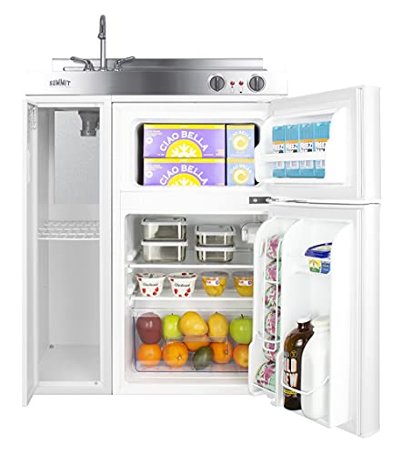 Summit C30ELGLASS 30 Kitchenette with 2 Element Cooktop Refrigerator with Freezer Sink and Faucet in White