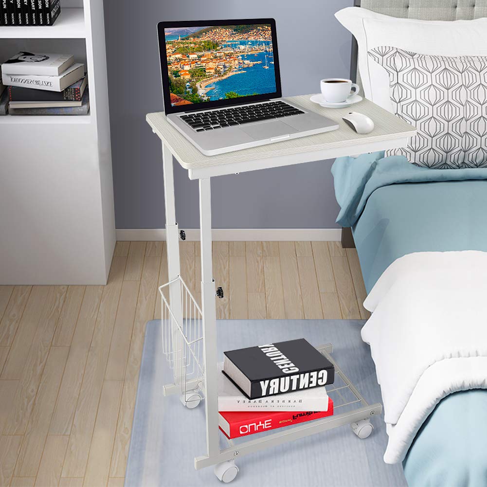 Ejoyous Height Sofa Side Table with Wheels, Movable Bedside End Table Computer Desk Laptop Stand Rolling Cart with Storage Basket for Home Couch Bedroom Office Workstation