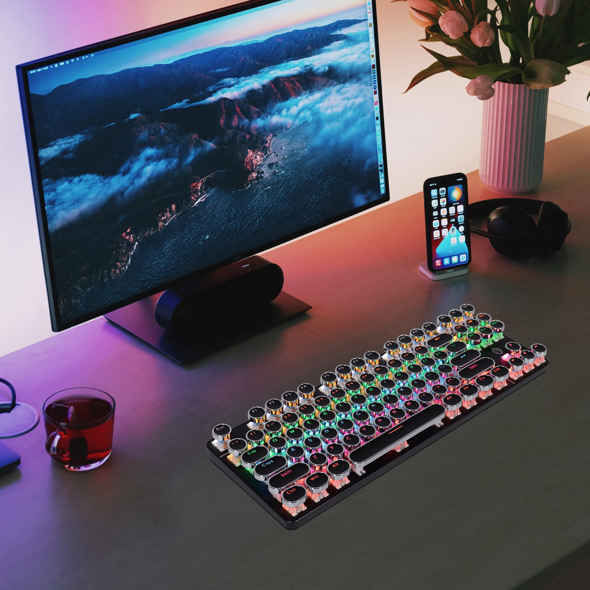 HJK917 USB Wired Mechanical Gaming Keyboard, Blue Axis 87 Round Keys, RGB LED Backlit, Waterproof, Typewriter Style, Ergonomics, Easy to Hit, Compatible with PC/Laptops/Windows for Work/Game (Black)