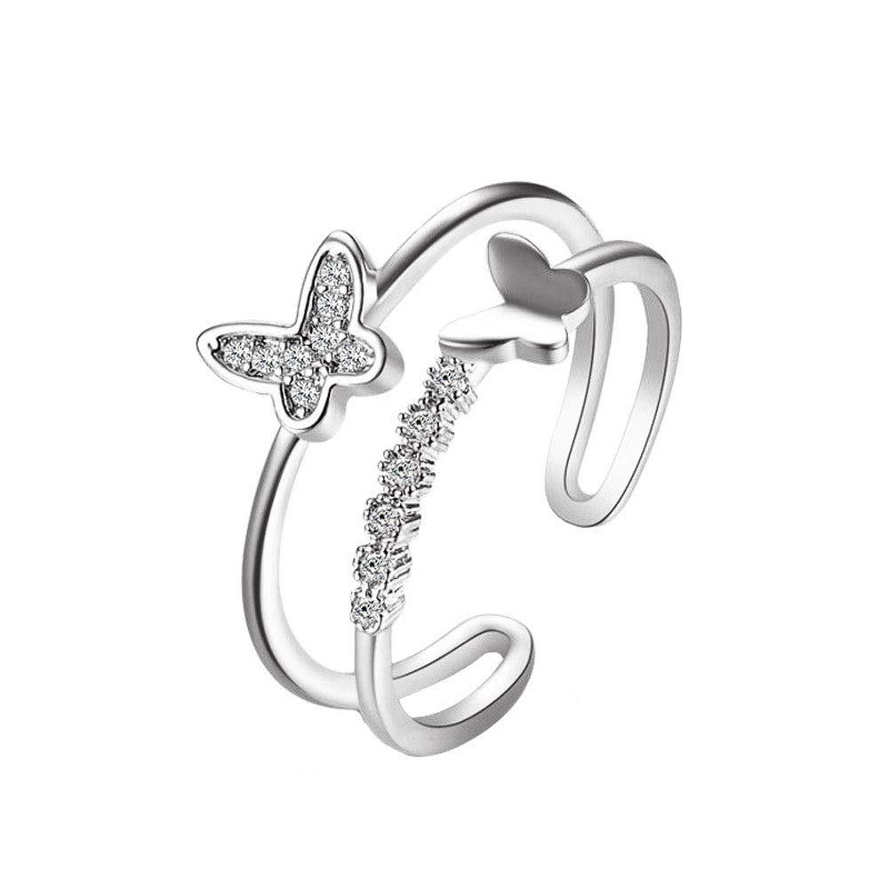 Flzaitian Gold Silver Rose Gold Butterfly Statement Ring Opening Adjustable Double Butterfly Ring for Woman (Silver)