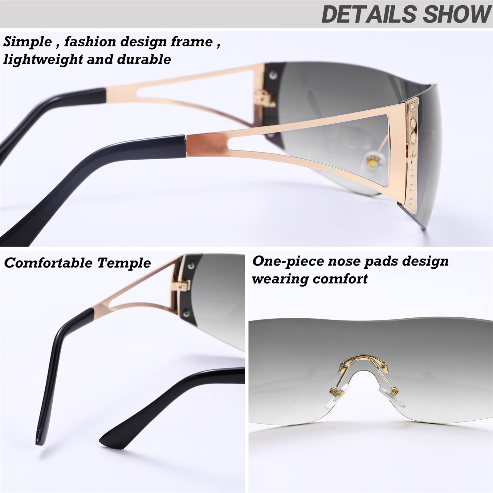 GUVIVI Y2K Sunglasses for Women Shield Rimless Frameless Rectangle Sunglasses Gradient Clear Lens Shield Sun Glasses Eyewear