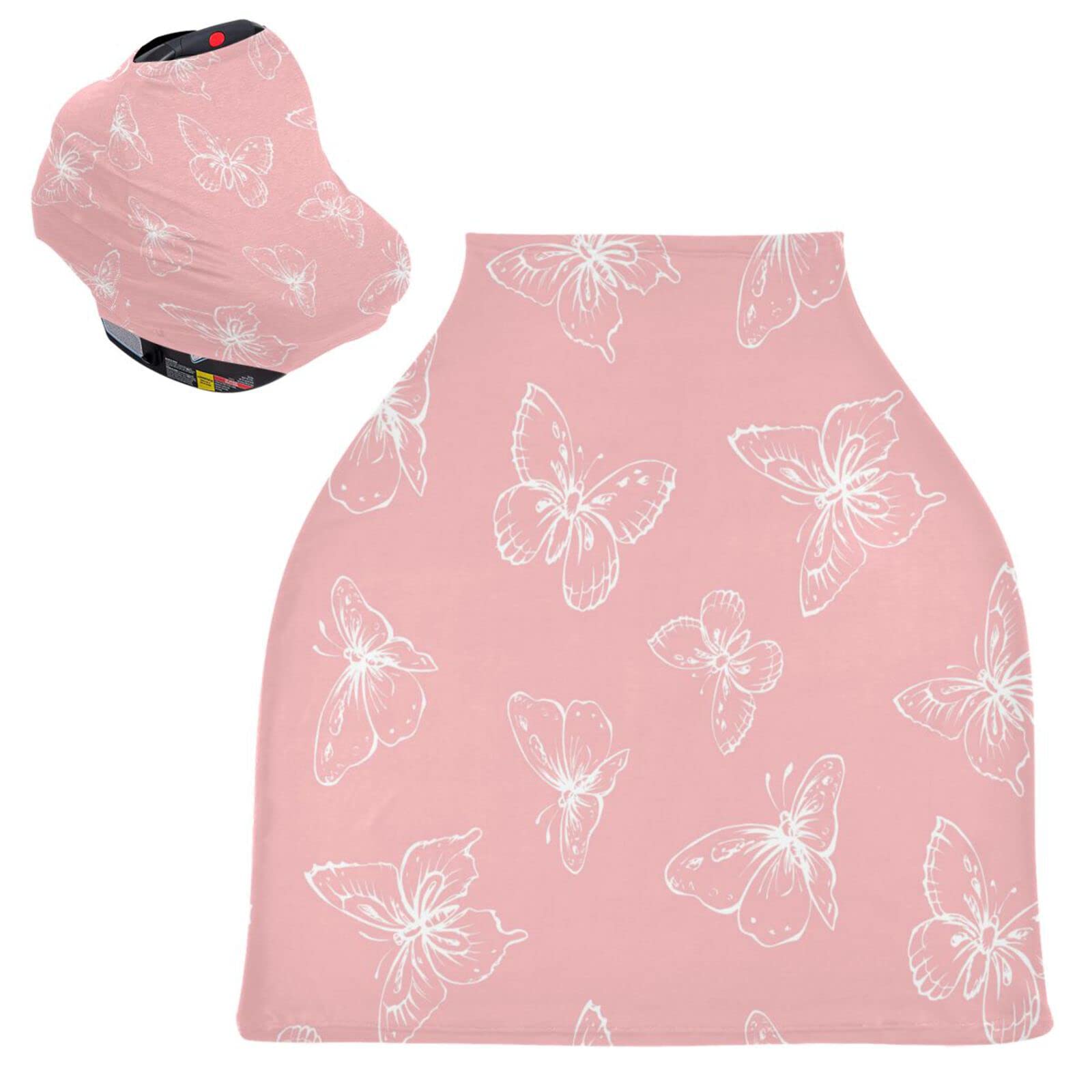 Kigai Pink Butterfly Baby Car Seat Covers Multi-Use Breastfeeding Nursing Seat Canopy Stretchy Breathable Infant Stroller Covers for Boys and Girls
