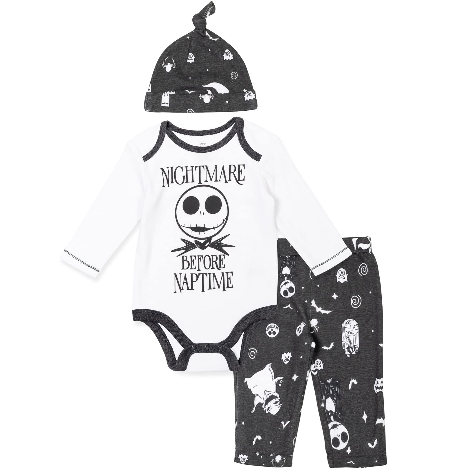 Disney Nightmare Before Christmas Sally Jack Skellington Newborn Baby Boys Bodysuit Pants and Hat 3 Piece Outfit Set 0-3 Months