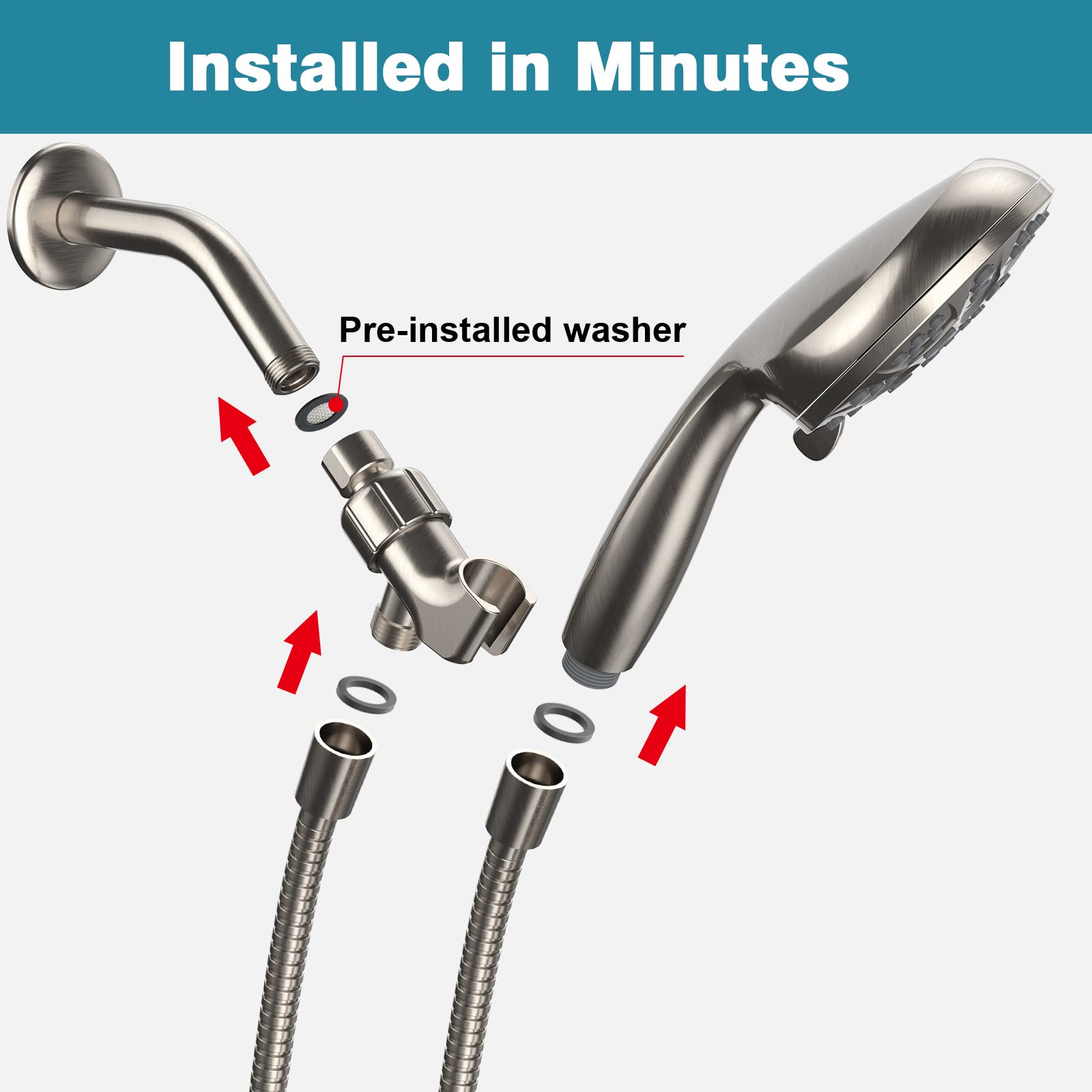 High Pressure Handheld Shower Head Brushed Nickel, 6 Spray Settings Shower Head with Handheld, 4.3 Inch High Flow Hand Held Rain Showerhead with Stainless Steel Hose, Adjustable Bracket