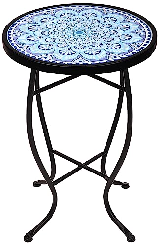 Elevon 14 Inch Round Side Ceramic Tile Top Indoor and Outdoor Accent Table, Greek