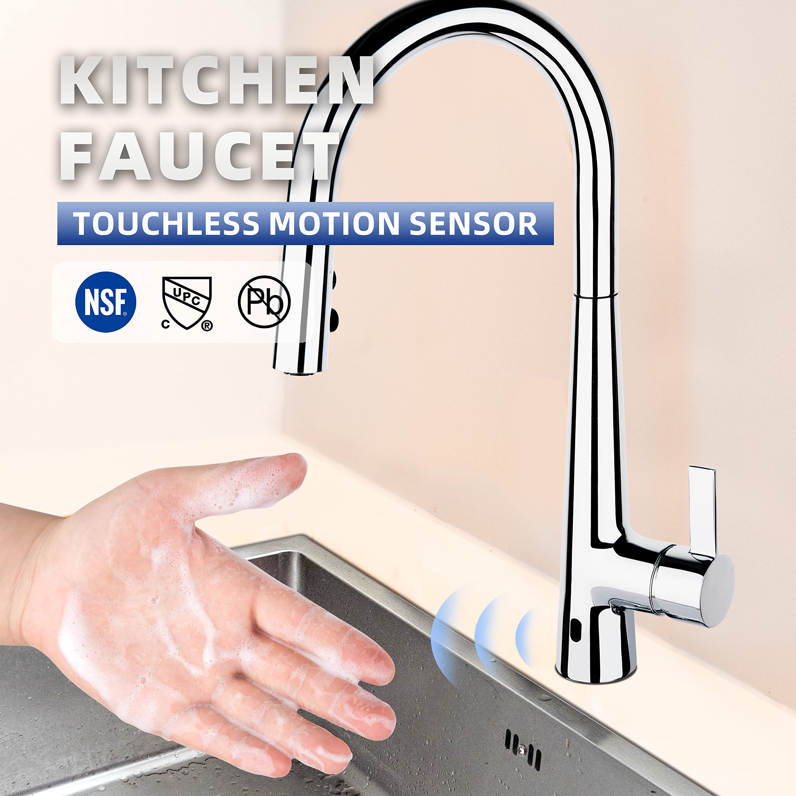 IMHOMII E8305xxxxx Touchless Kitchen Faucet with Pull Down Sprayer, Motion Sensor Activated Smart Kitchen Sink Faucets,Hands Free Brass Kitchen Taps 360 Degree Swivel High Spout, Chrome