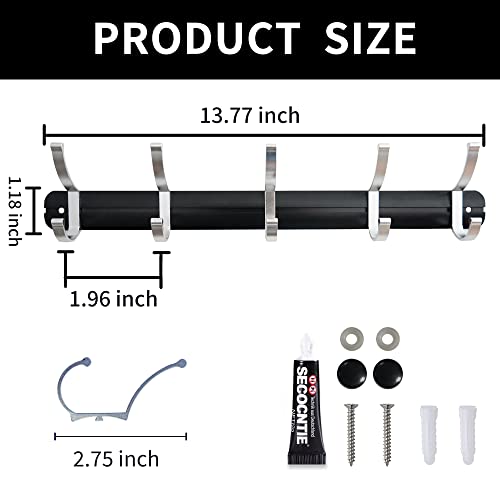 NOZVYCI Wall Mounted Coat Rack Hook with 5 Sliding Hooks Movable Coat Hooks Rack Double Hooks 30kg Load Capacity Stainless Steel Hooks Rail for Hanging Jacket,Backpack,Clothes(Matte Black+Silver)
