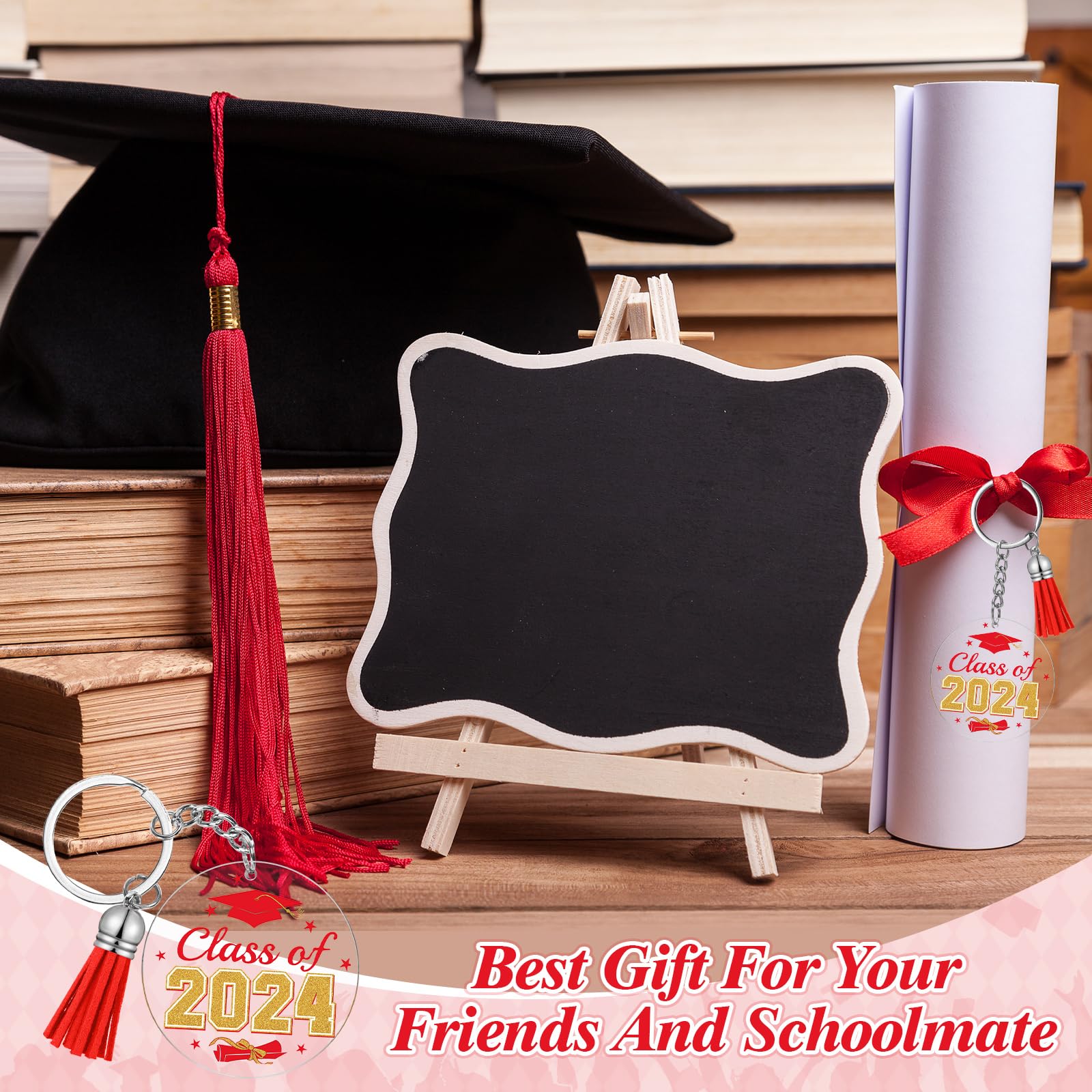 Kigeli 30 Pcs Class of 2024 Graduation Keychains Gifts Acrylic Keychains with Tassel for College High School(Red)