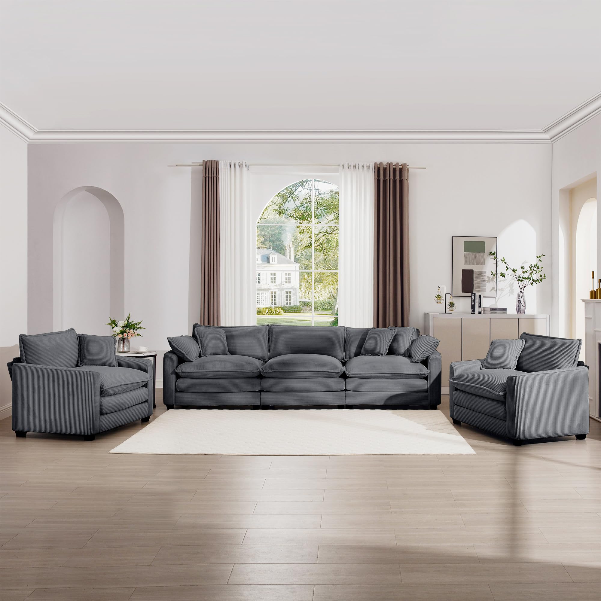 mikibama Luxury 3 Piece Sofa Set, 3-Seater & 2 Single Sofa Set, Modern Corduroy Comfy Cloud Couches Set for Living Room Office with 2 Armrest Pillows and 5 Toss Pillows, Grey