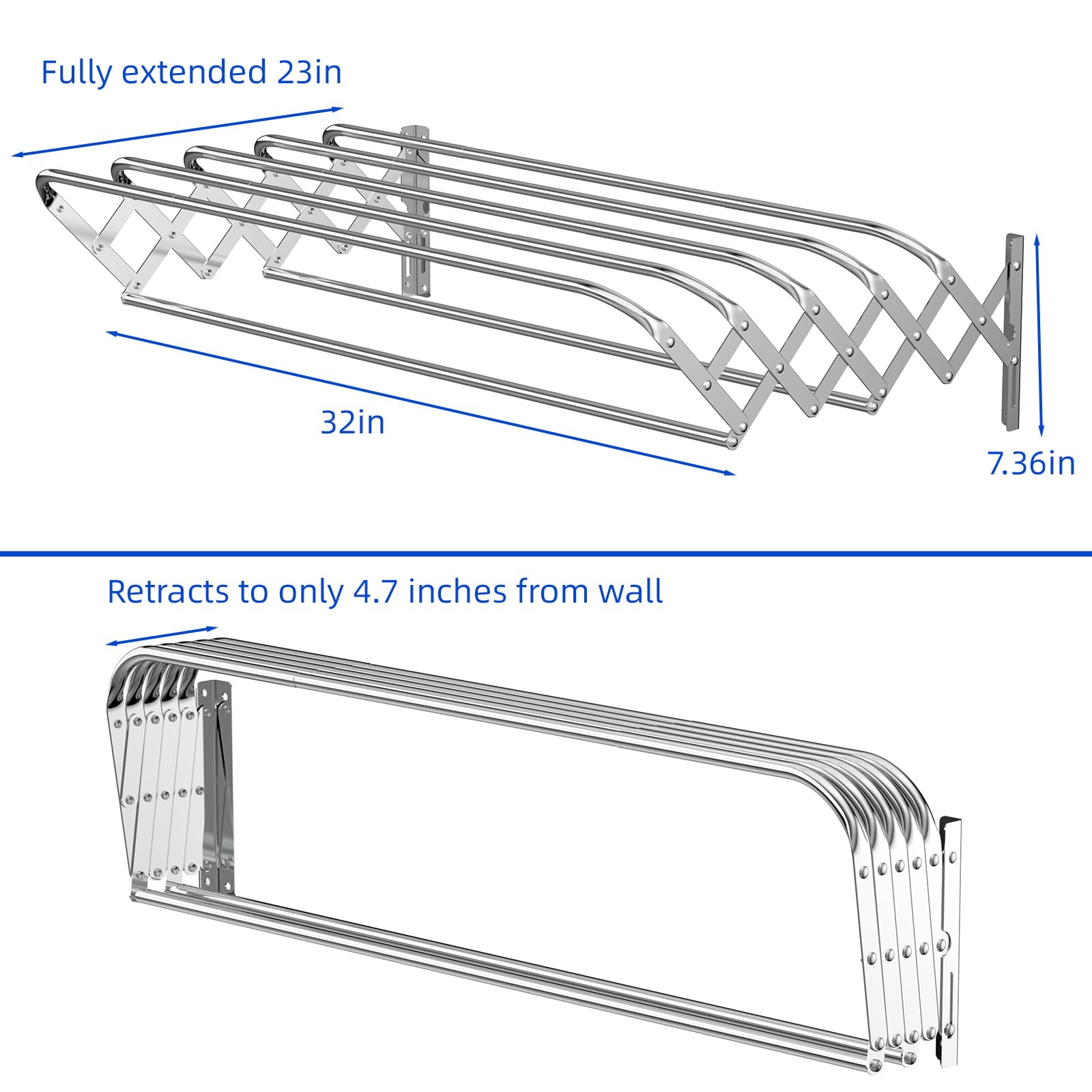 Droomdy Wall Mounted Clothes Drying Rack, Stainless Steel Retractable Laundry Drying Rack, Foldable Drying Rack for Laundry and Bathroom, Large Capacity Drying Rack Clothing Collapsible