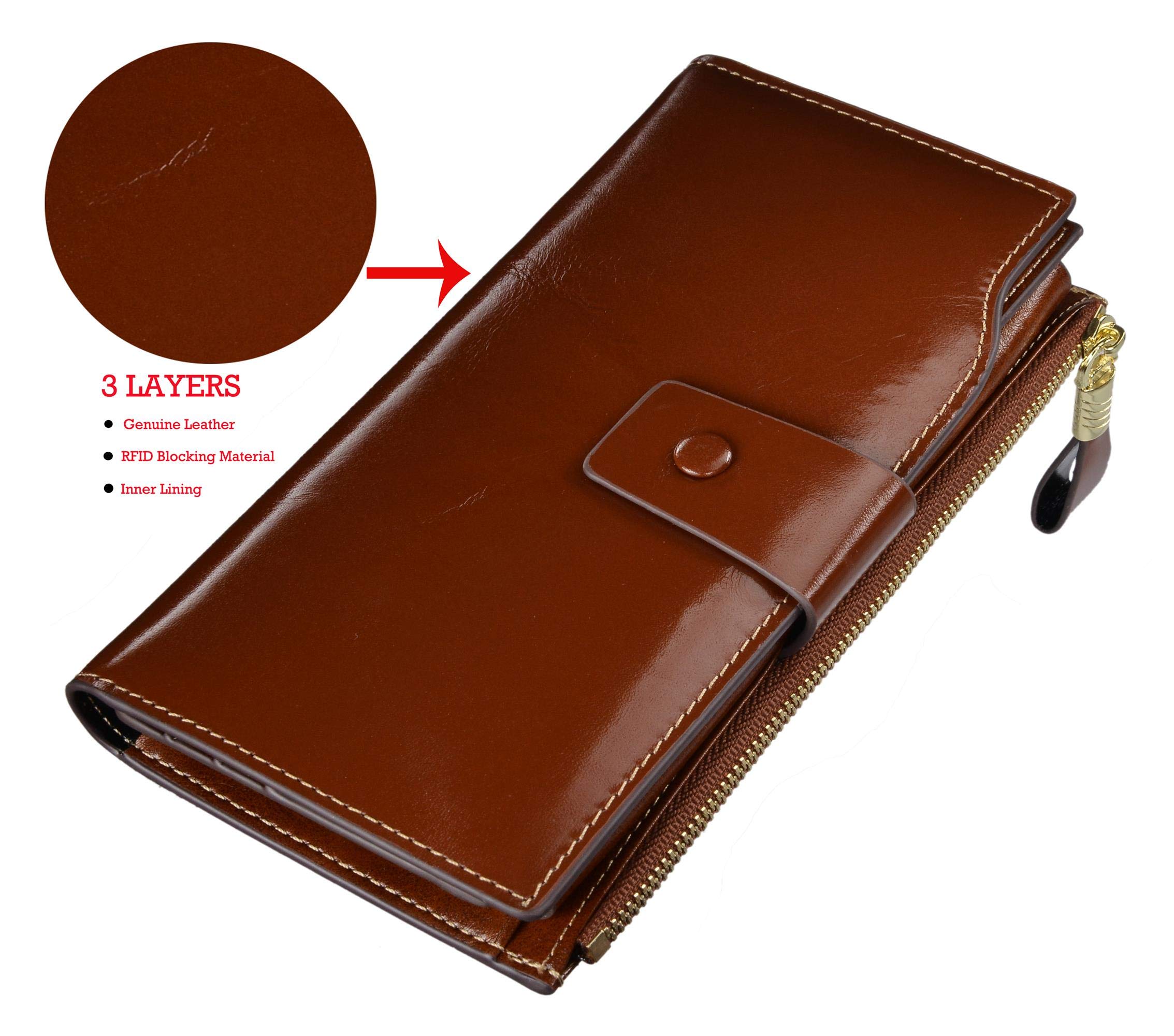woogwin Women's RFID Large Capacity Luxury Genuine Leather Clutch Wallet Ladies Purse (Wax Coffee)