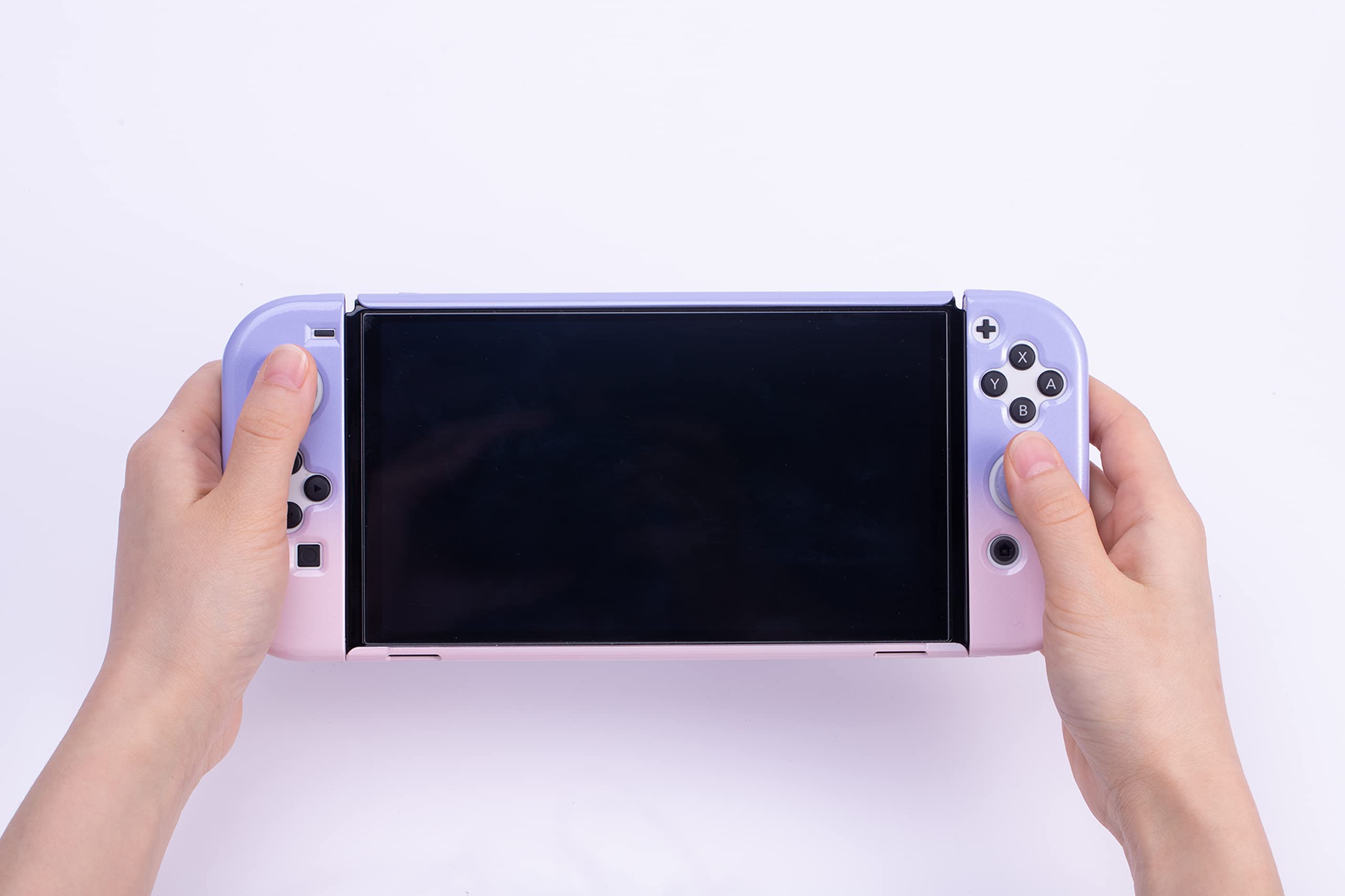 Kawvisy Dockable Case Compatible with Switch OLED Model, Hard PC Cover for Switch OLED and Joy Con Controller, Protective Case with Screen Protector and 4 Thumb Grip Caps (Purple and pink)