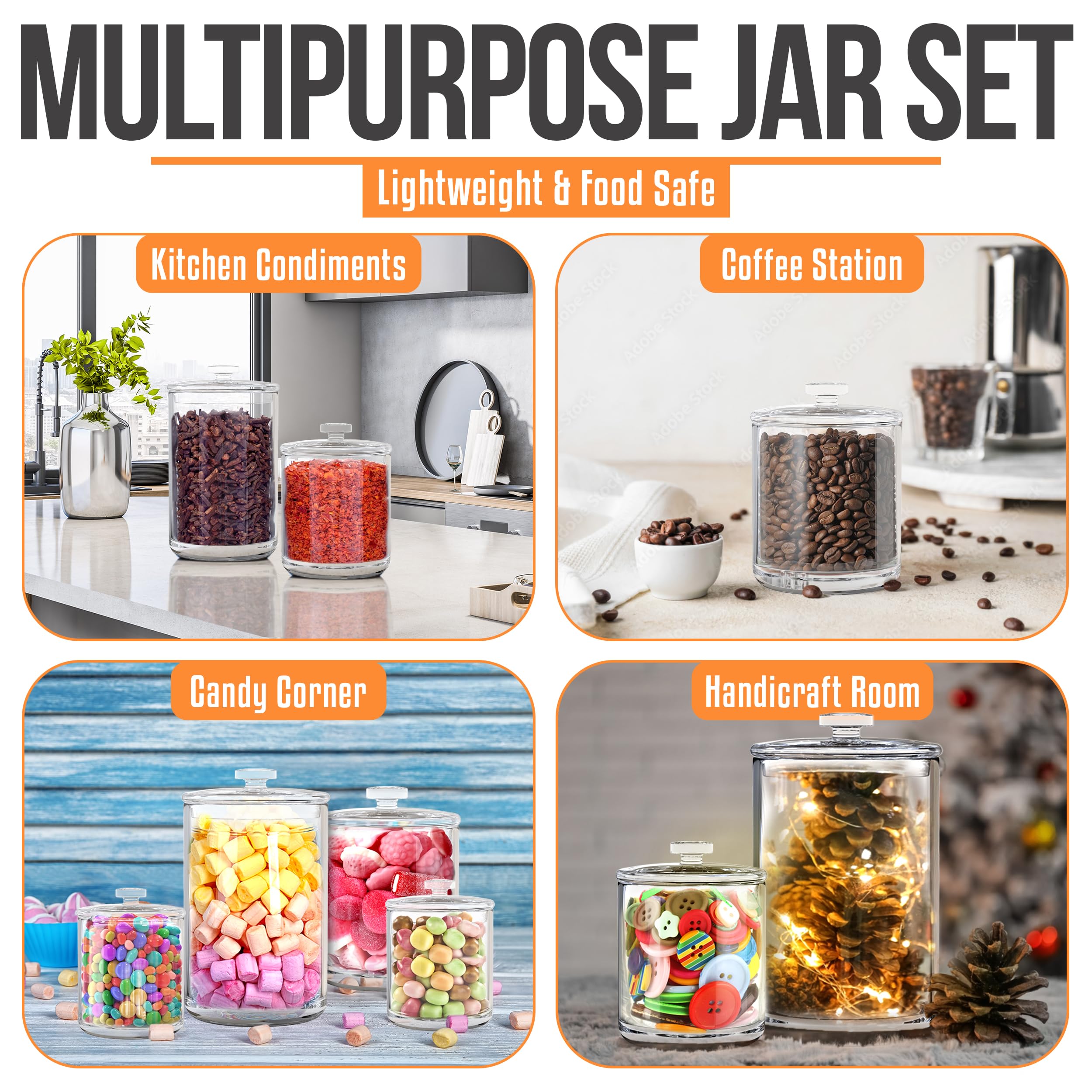 Premium Clear Acrylic Apothecary Jars with Lids for Bathroom & Laundry Room - Multipurpose Bathroom Canisters with Scoops & Labels - Laundry Containers for Pods & Dryer Sheets - Assorted 4 Pack