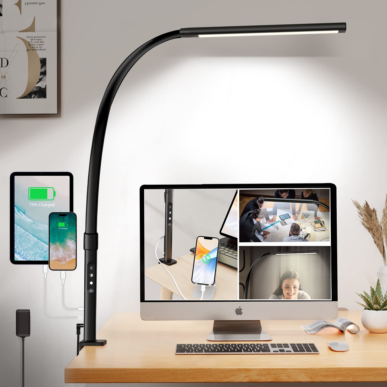 Desk Lamp for Home Office, Eye-Caring LED Desk Lamp with USB C+A Charging Port, Architect Desk Light 5 Lighting 5 Brightness, Flexible Gooseneck Clamp for Reading Study